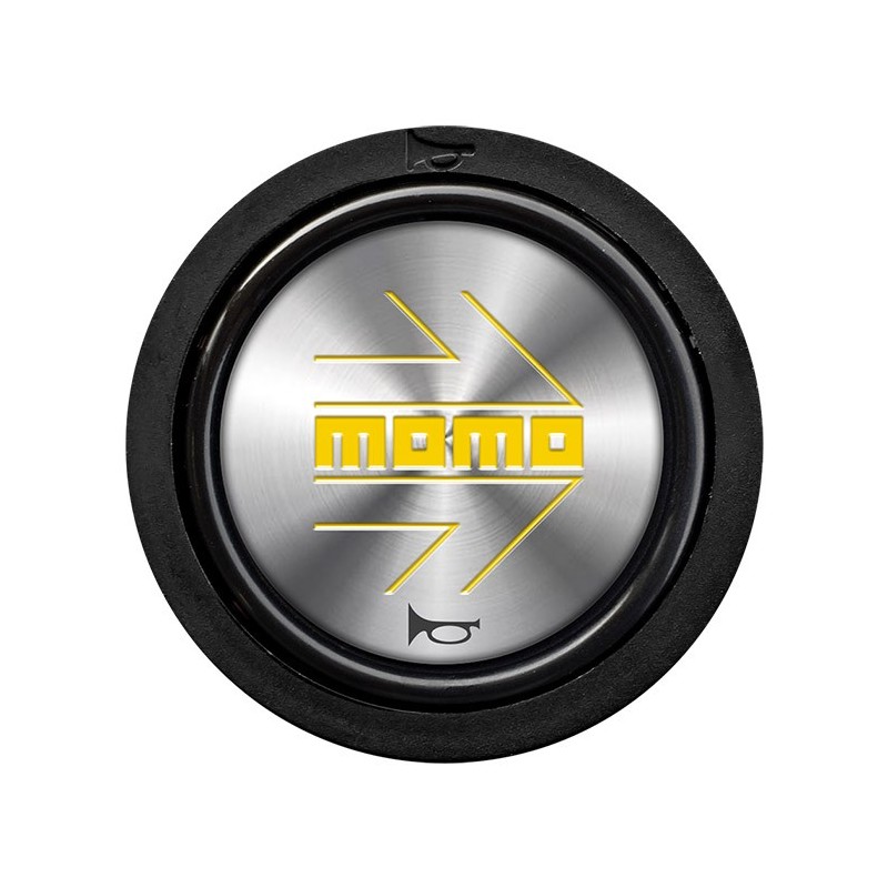 Evasive Motorsports: Momo Horn Button (Flat) - Shiny Silver / Yellow Logo