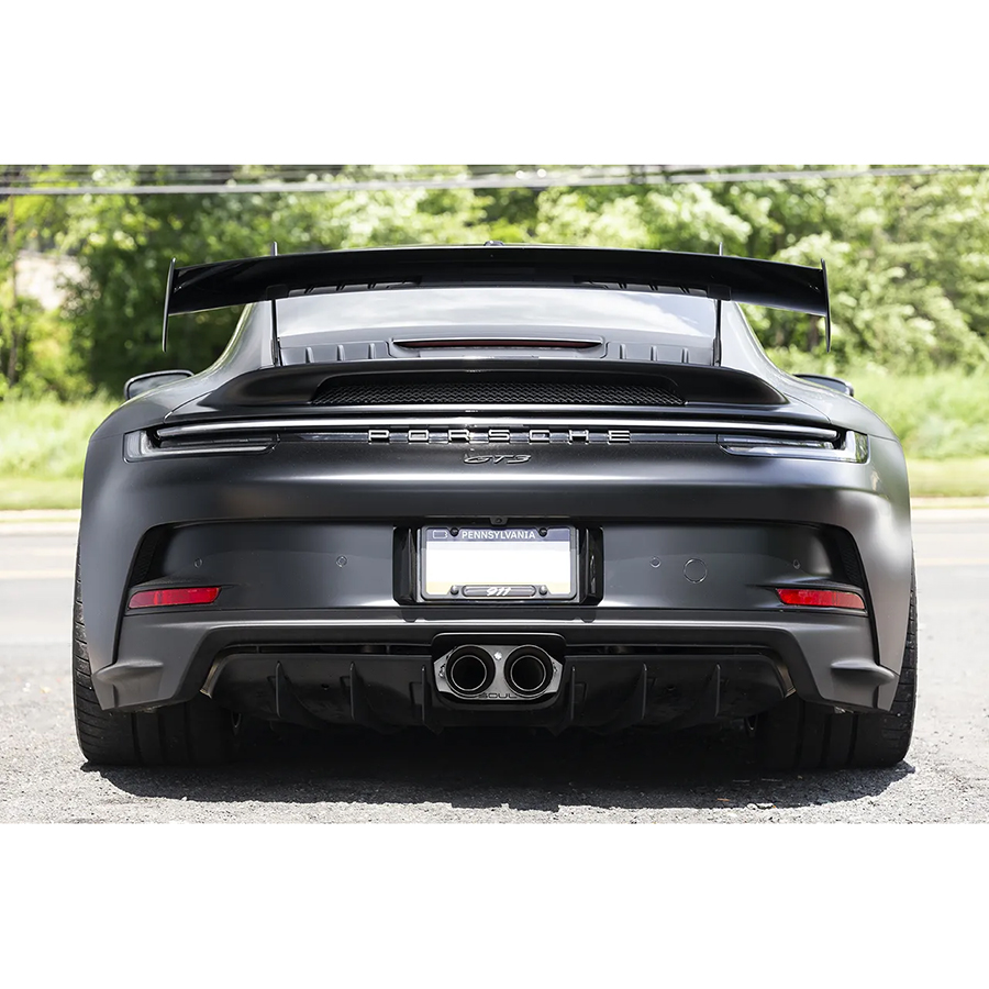 Evasive Motorsports Soul Performance Valved Exhaust System 4 Slash Cut Single Wall Tips Satin Black Porsche 992 GT3 2022